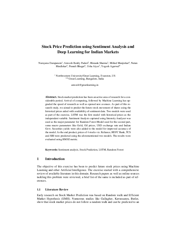 (PDF) Stock Price Prediction using Sentiment Analysis and Deep Learning for Indian Markets