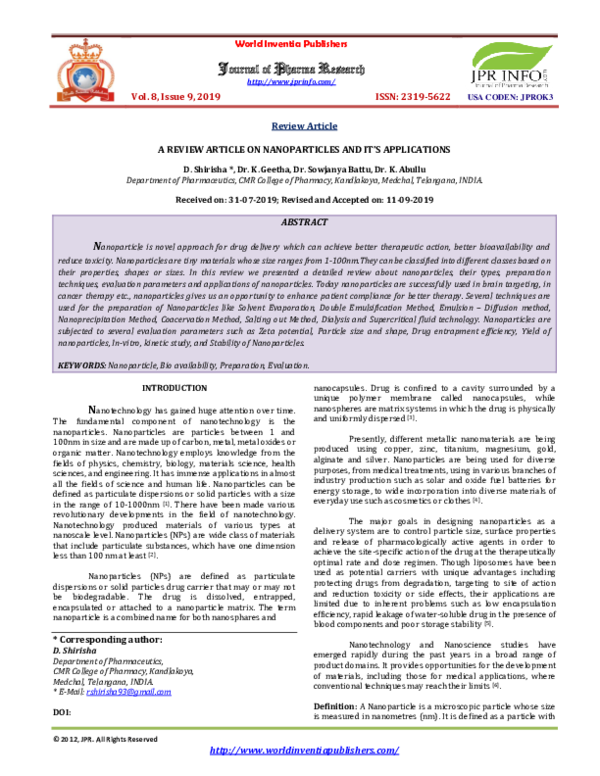 (PDF) A Review Article on Nanoparticles and It's Applications