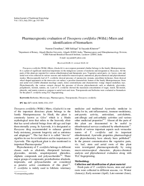 (PDF) Pharmacognostic evaluation of Tinospora cordifolia (Willd.) Miers and identification of ...