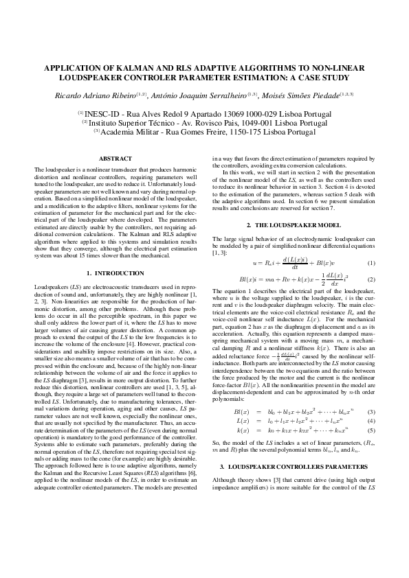 (PDF) Application of Kalman and RLS adaptive algorithms to non-linear loudspeaker controler ...