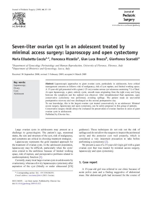 (PDF) Seven-liter ovarian cyst in an adolescent treated by minimal ...