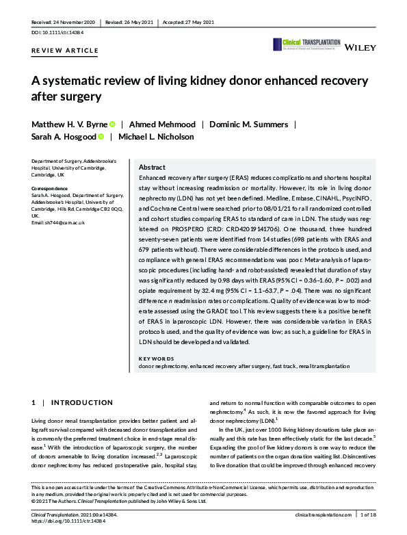 (PDF) A systematic review of living kidney donor enhanced recovery after surgery