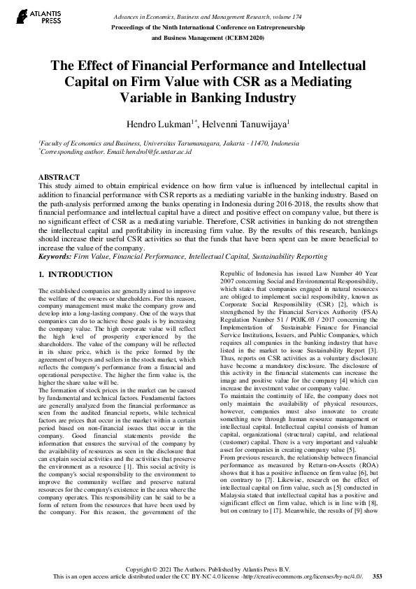 (PDF) The Effect of Financial Performance and Intellectual Capital on Firm Value with CSR as a ...