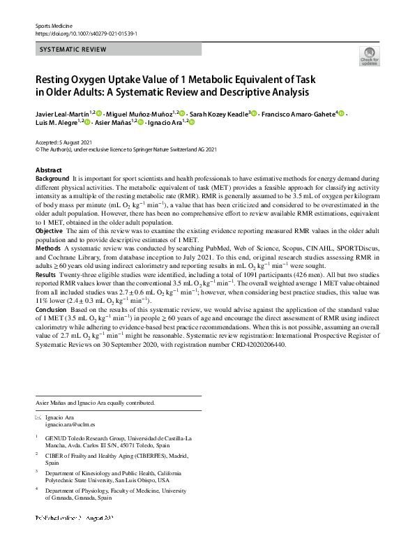 (PDF) Resting Oxygen Uptake Value of 1 Metabolic Equivalent of Task in Older Adults: A ...