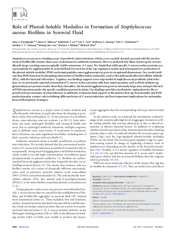 (PDF) Role of Phenol-Soluble Modulins in Formation of Staphylococcus aureus Biofilms in Synovial ...