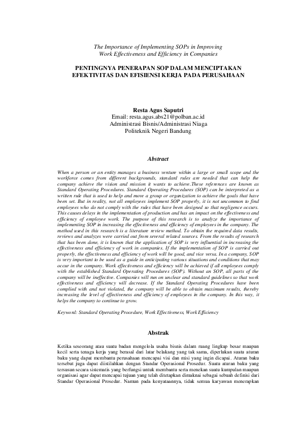 (PDF) The Importance of Implementing SOPs in Improving Work Effectiveness and Efficiency in ...