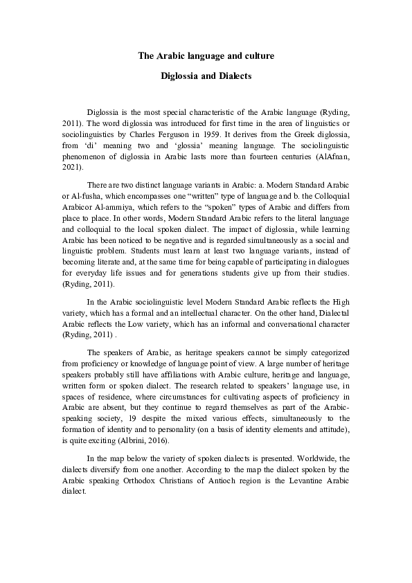 (DOC) The Arabic language and culture. Diglossia and Dialects