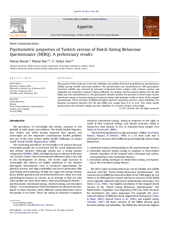 (PDF) Psychometric properties of Turkish version of Dutch Eating ...