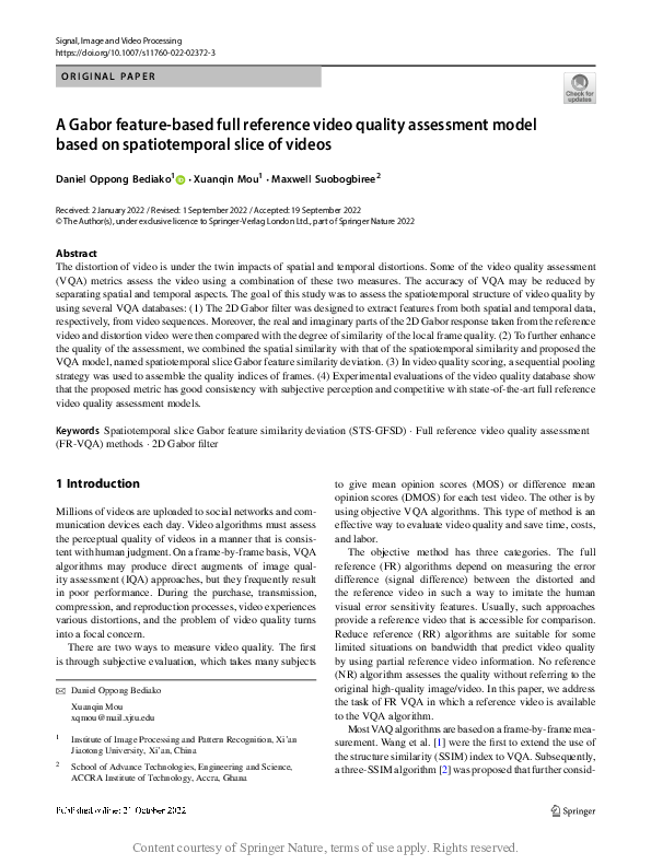 Pdf A Gabor Feature Based Full Reference Video Quality Assessment Model Based On