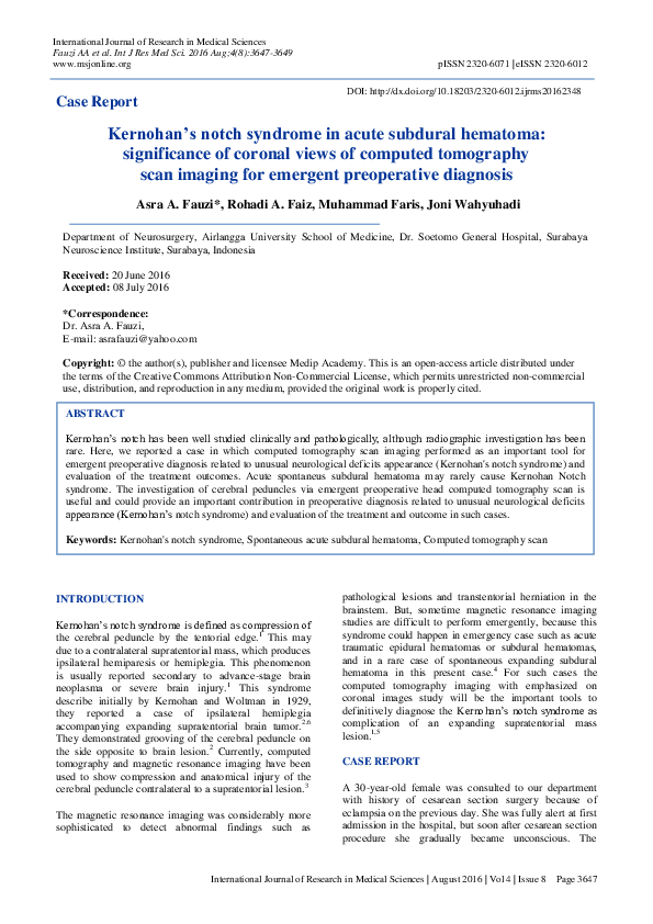 (PDF) Kernohan's notch syndrome in acute subdural hematoma ...