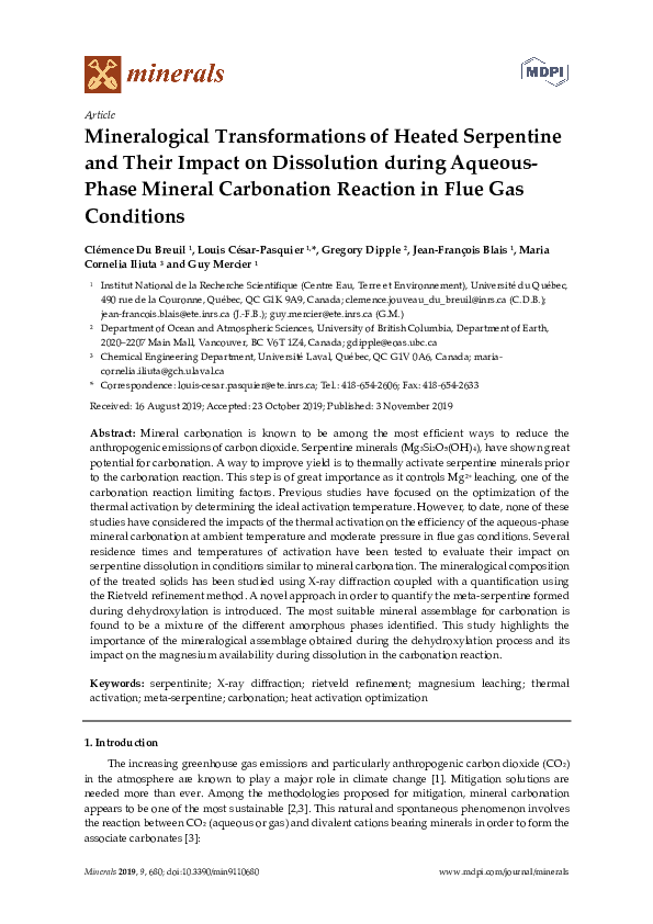 (PDF) Mineralogical Transformations of Heated Serpentine and Their Impact on Dissolution during ...