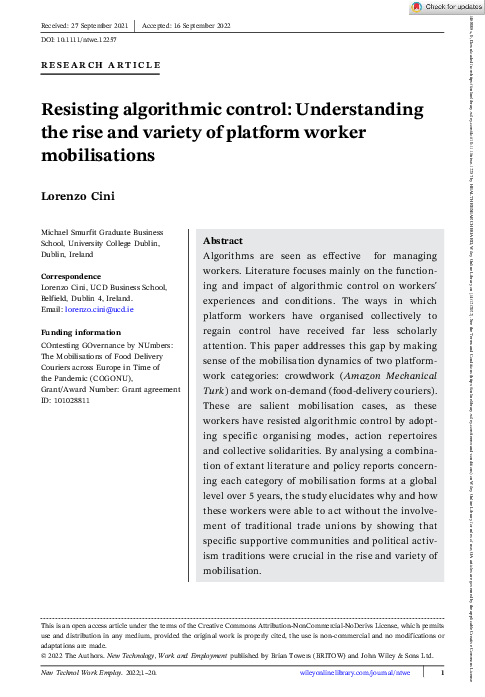 (PDF) Resisting algorithmic control: Understanding the rise and variety of platform worker ...