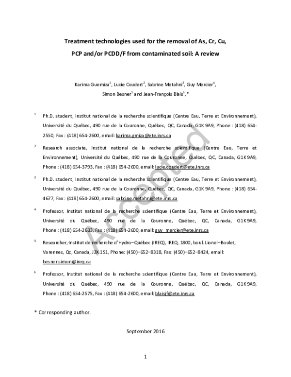 (PDF) Treatment technologies used for the removal of As, Cr, Cu, PCP ...