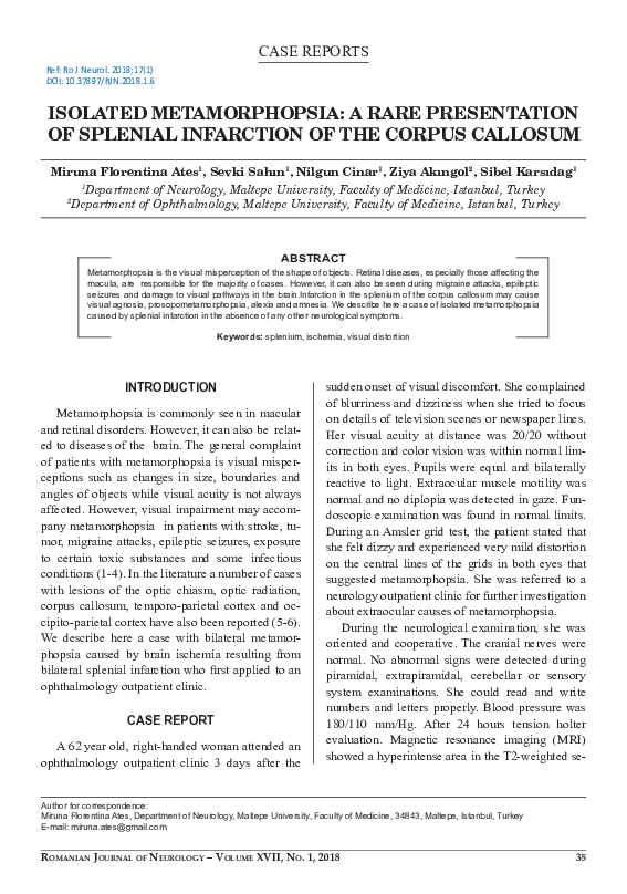 (PDF) Isolated metamorphopsia: a rare presentation of splenial ...