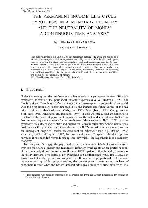 (PDF) The Permanent Income-Life Cycle Hypothesis in a Monetary Economy ...