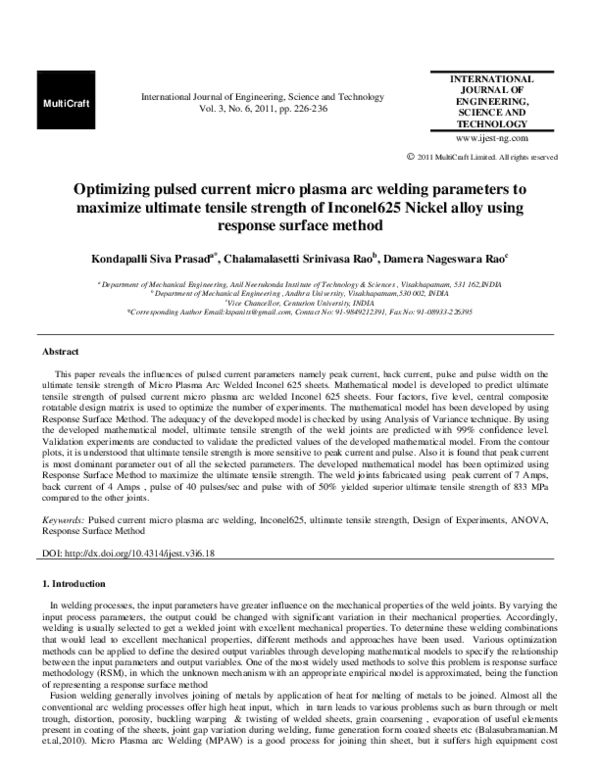 (PDF) Optimizing pulsed current micro plasma arc welding parameters to maximize ultimate tensile ...
