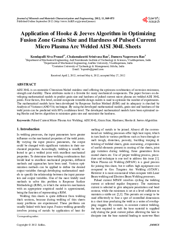 (PDF) Application of Hooke & Jeeves Algorithm in Optimizing Fusion Zone Grain Size and Hardness ...