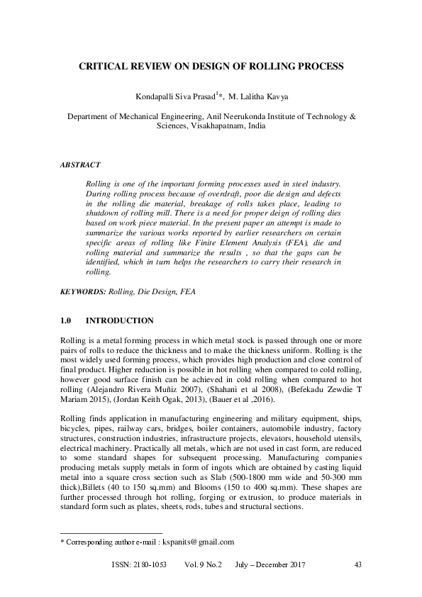 (PDF) Critical Review on Design of Rolling Process