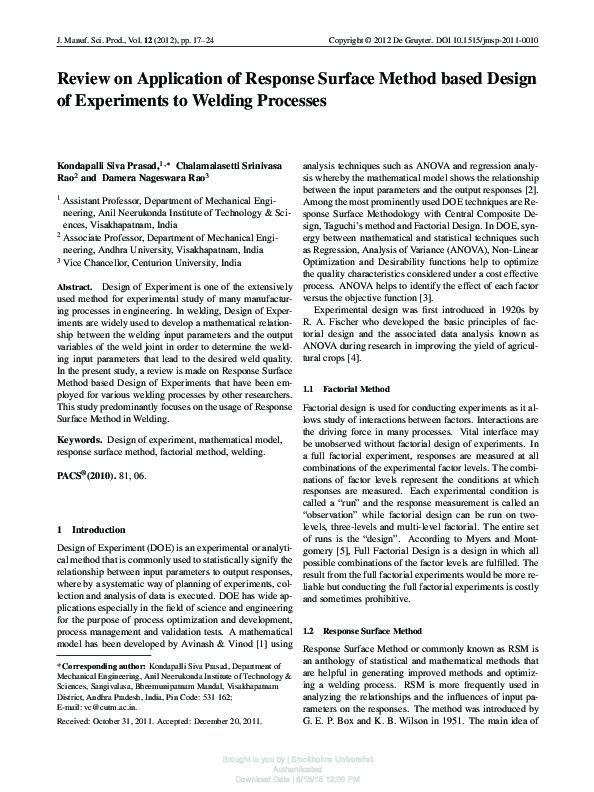(PDF) Review on Application of Response Surface Method based Design of Experiments to Welding ...