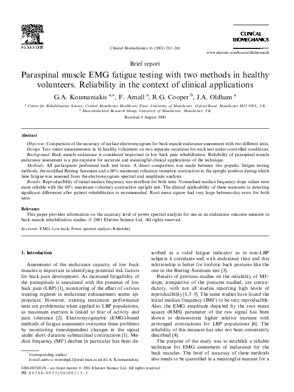 (PDF) Paraspinal muscle EMG fatigue testing with two methods in healthy ...