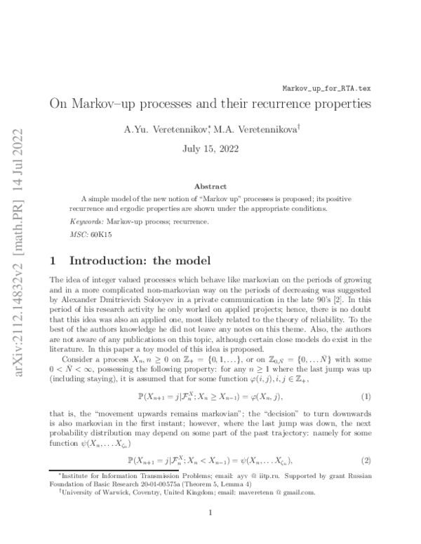(PDF) On Markov--up processes and their recurrence properties