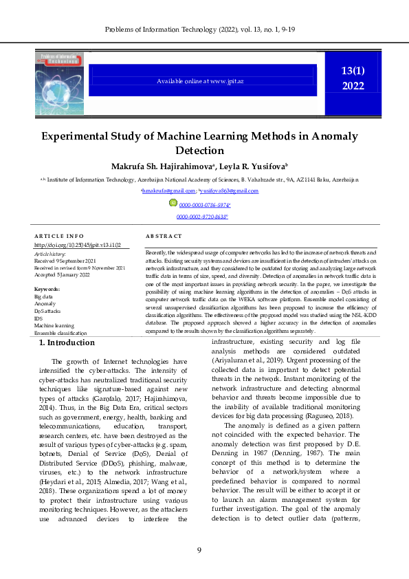 (PDF) Experimental Study of Machine Learning Methods in Anomaly Detection