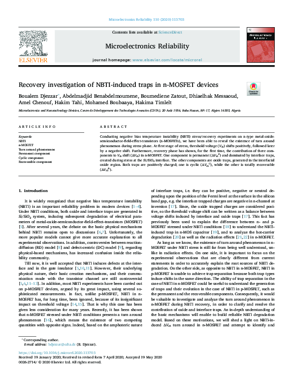 (PDF) Recovery investigation of NBTI-induced traps in n-MOSFET devices