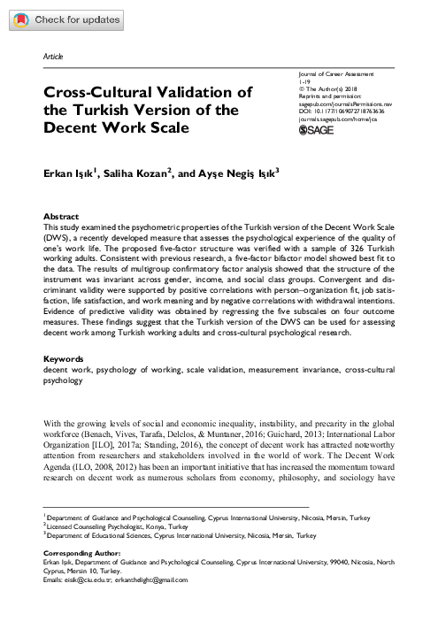 Pdf Cross Cultural Validation Of The Turkish Version Of The Decent Work Scale