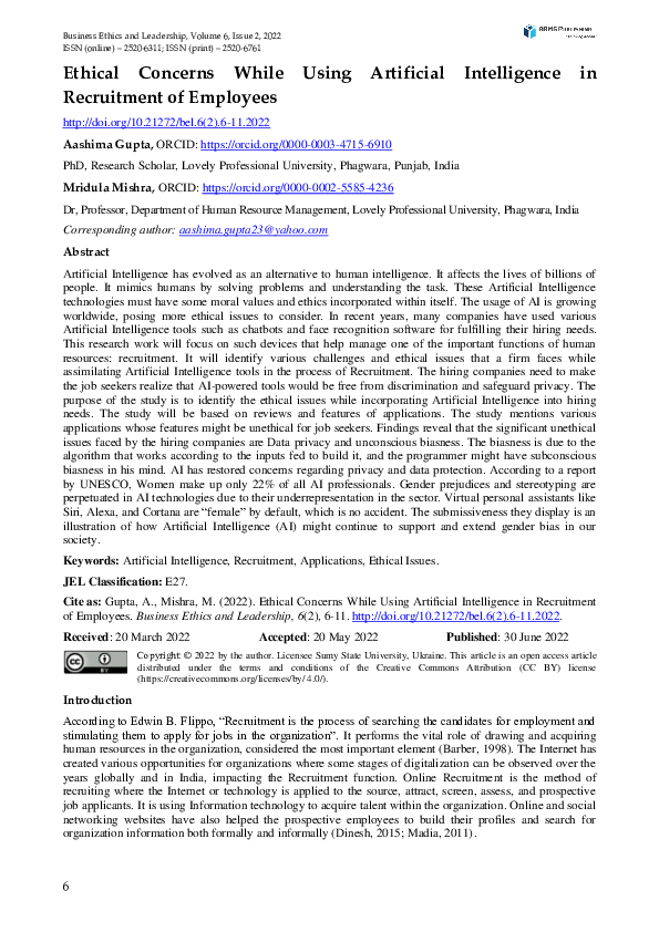 (PDF) Ethical Concerns While Using Artificial Intelligence in Recruitment of Employees