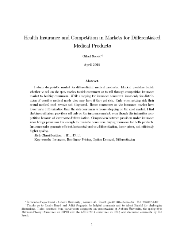 (PDF) Health Insurance and Competition in Markets for Differentiated ...