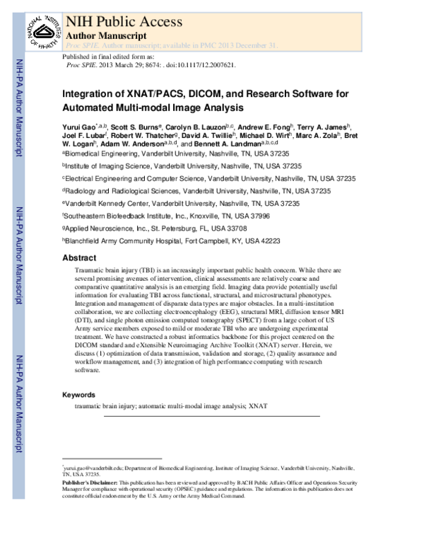 (PDF) Integration of XNAT/PACS, DICOM, and research software for ...
