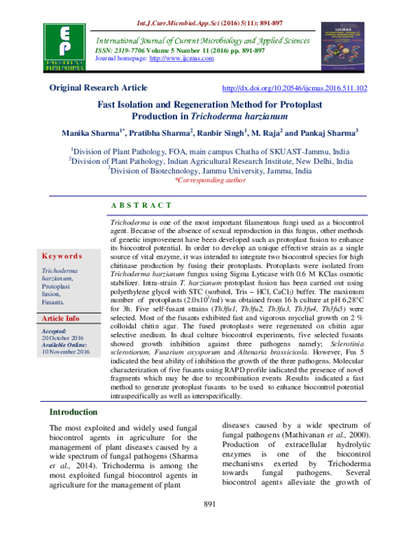 (PDF) Fast Isolation and Regeneration Method for Protoplast Production in Trichoderma harzianum