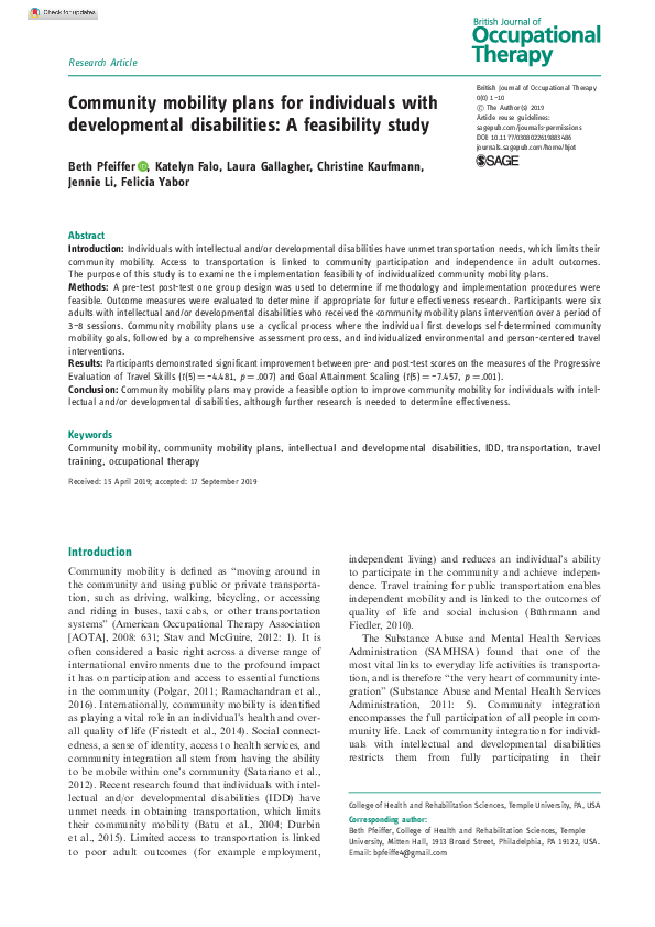 (PDF) Community mobility plans for individuals with developmental ...