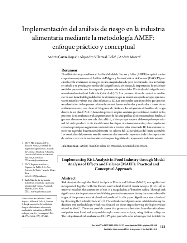 (PDF) Implementación del análisis de riesgo en la industria alimentaria mediante la metodología ...