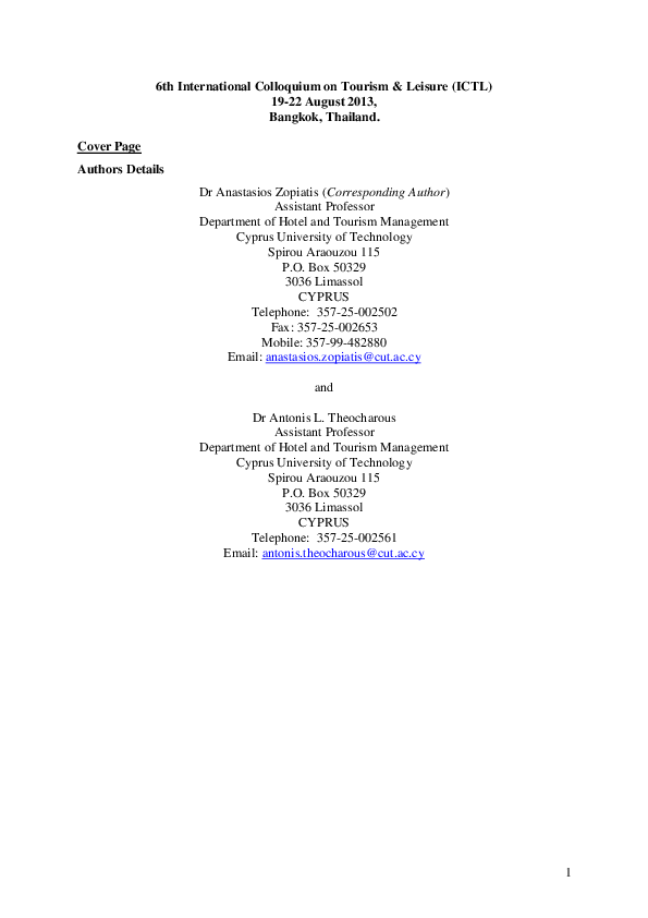 (PDF) 6th International Colloquium on Tourism & Leisure (ICTL)
