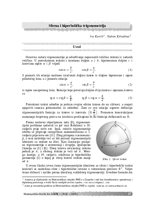 (PDF) Sferna i hiperbolična trigonometrija