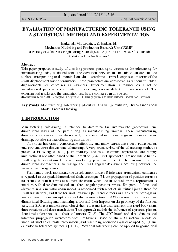 (PDF) Evaluation of manufacturing tolerance using a statistical method and experimentation