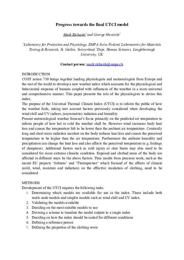 (PDF) Progress towards the final UTCI model