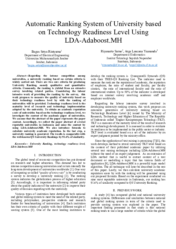 (PDF) Automatic ranking system of university based on technology readiness level using LDA ...