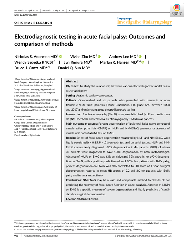 (PDF) Electrodiagnostic testing in acute facial palsy: Outcomes and ...