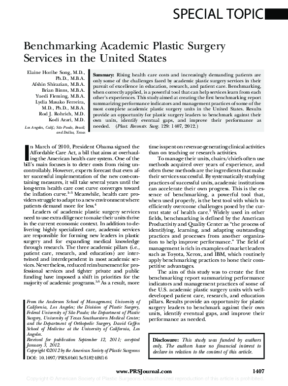 (PDF) Benchmarking Academic Plastic Surgery Services in the United States
