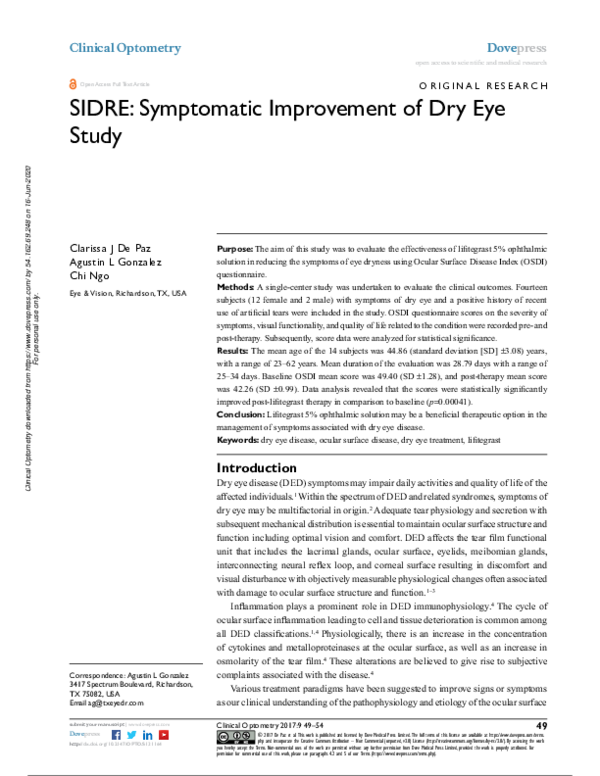 (PDF) SIDRE: Symptomatic Improvement of Dry Eye Study
