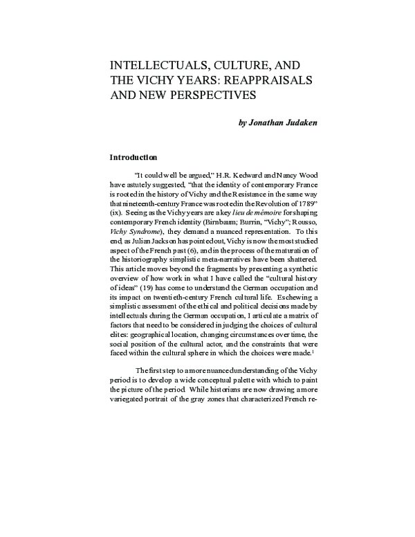 (PDF) Intellectuals, Culture, and the Vichy Years: Reappraisals and New ...