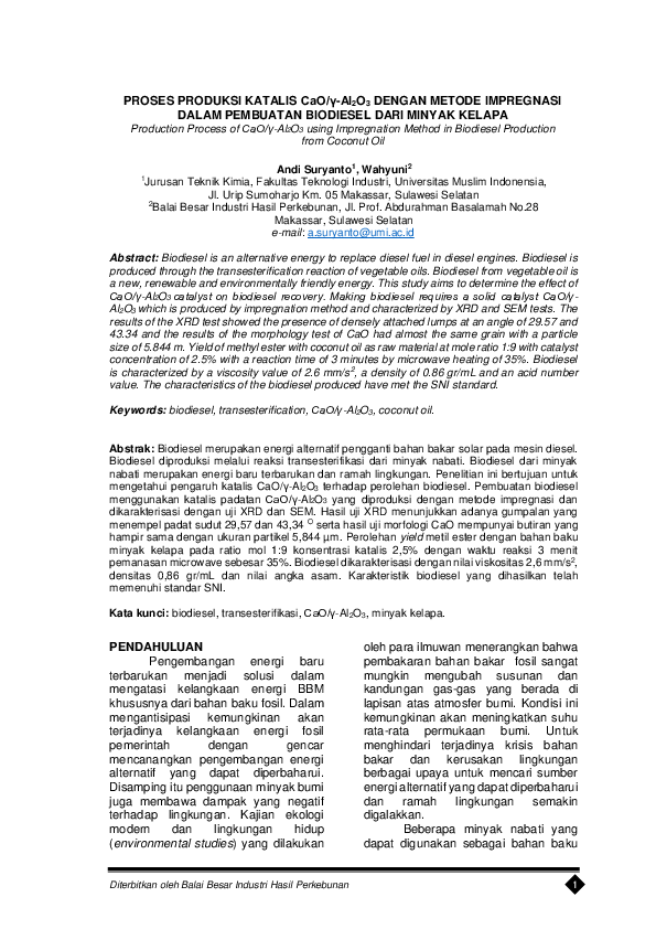 (PDF) PROSES PRODUKSI KATALIS CaO/γ-Al2O3 DENGAN METODE IMPREGNASI ...