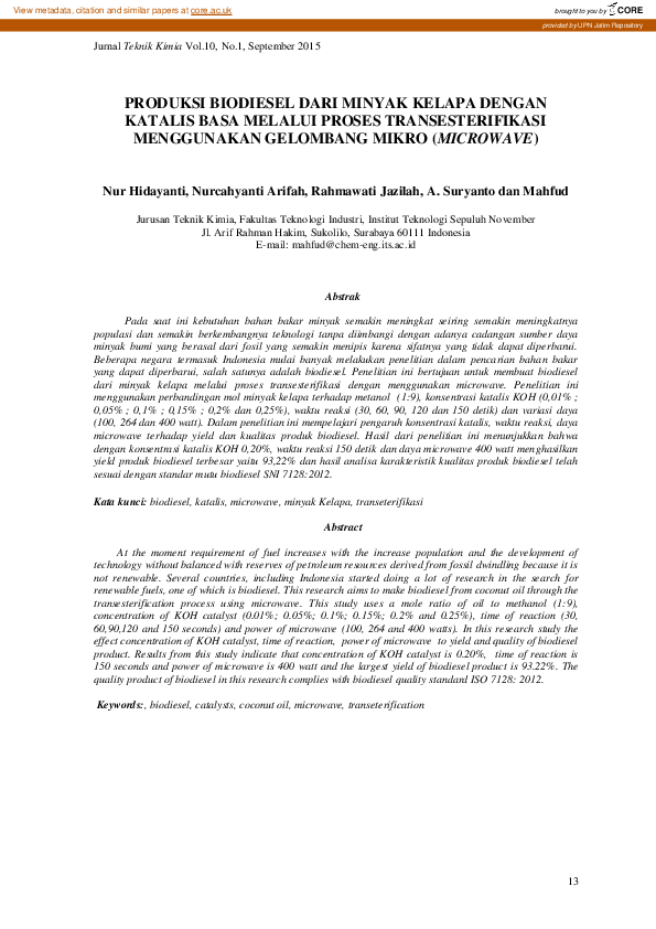 (PDF) Produksi Biodiesel Dari Minyak Kelapa Dengan Katalis Basa Melalui ...