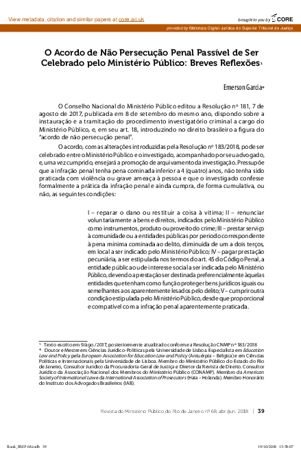 (PDF) O acordo de não persecução penal passível de ser celebrado pelo ...