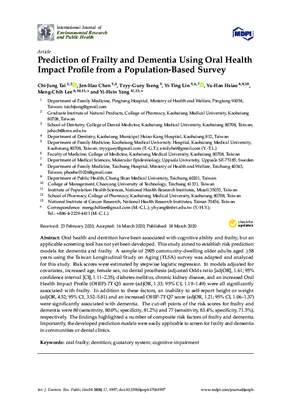 (PDF) Prediction of Frailty and Dementia Using Oral Health Impact Profile from a Population ...