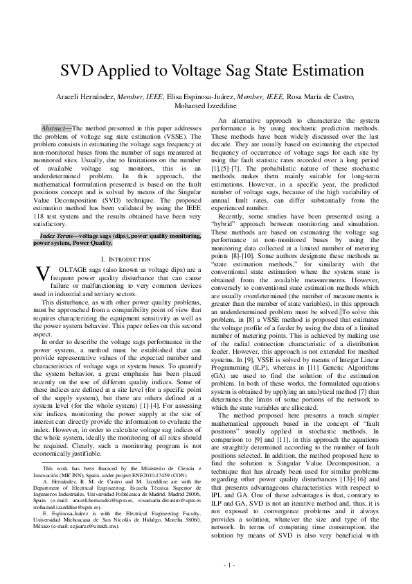 Pdf Svd Applied To Voltage Sag State Estimation Araceli Hernandez