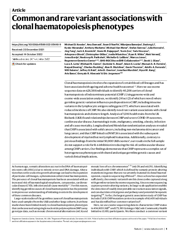 (PDF) Common and rare variant associations with clonal haematopoiesis ...