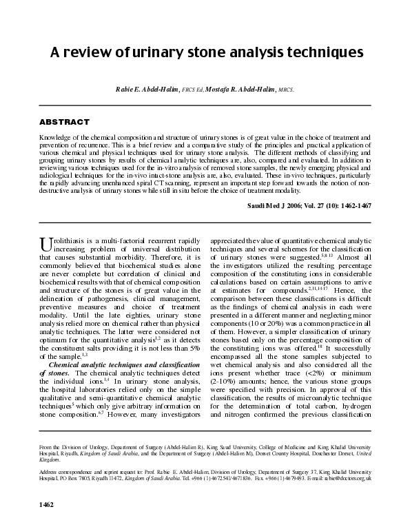 (PDF) A review of urinary stone analysis techniques